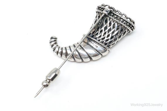 Antique Horn Of Plenty Sterling Silver Brooch Pin - Gem
