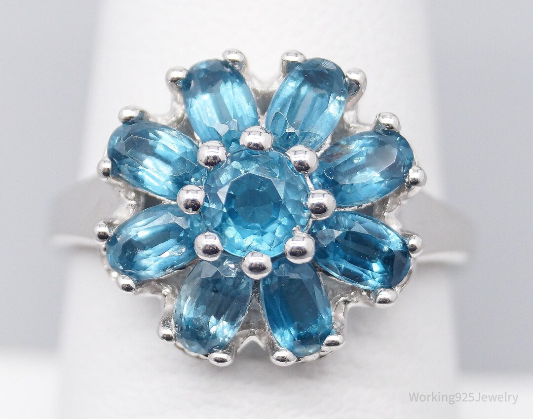 JTV TGGC Blue Topaz Flower Rhodium Over Sterling Silver Ring - Size 7. ...