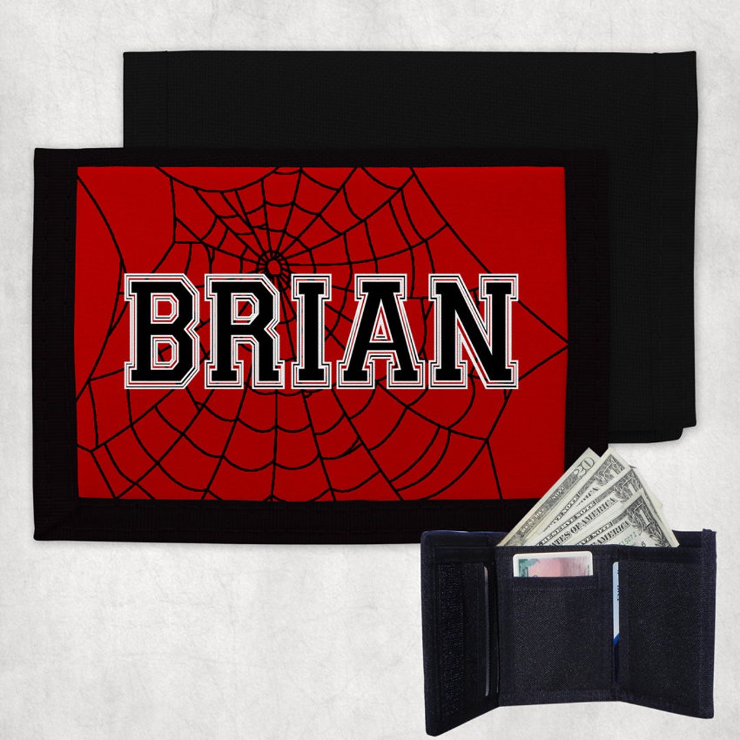 Personalized Kid's Wallet. Spider Web Tri-fold Nylon Wallet With Red ...