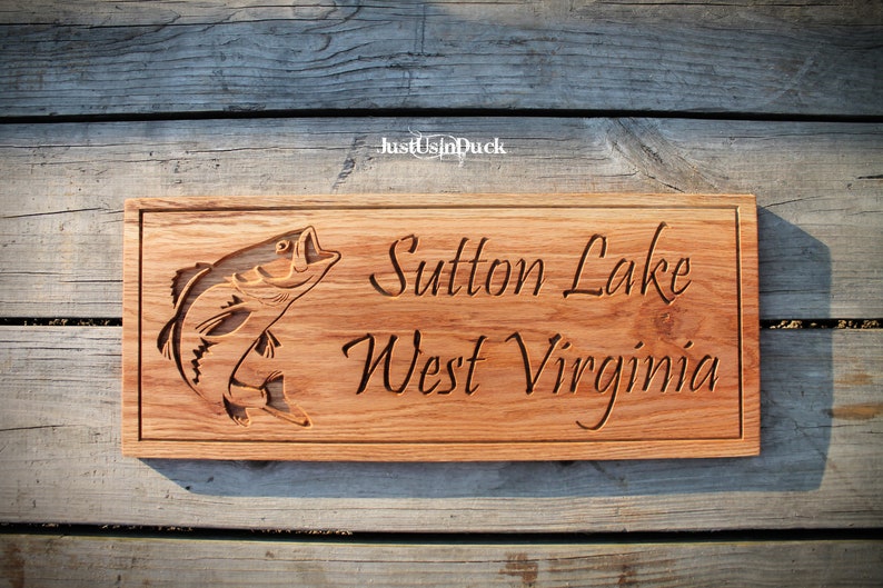 Personalized Lake Sign, River, State Oak Wood Sign, Carved Fishing Sign ...