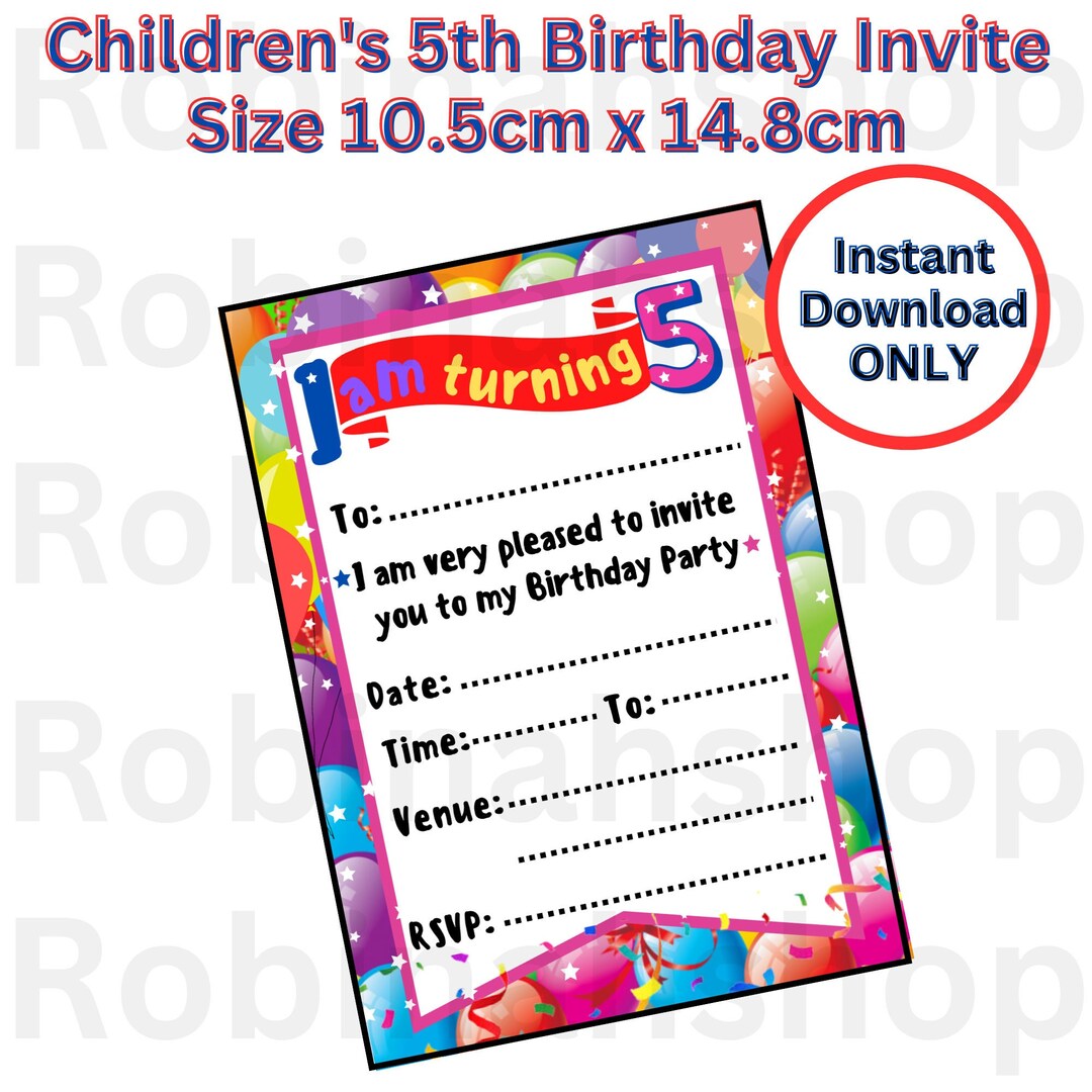 Printable Children's 5th Birthday Invitations Digital Download 10.5x14 ...