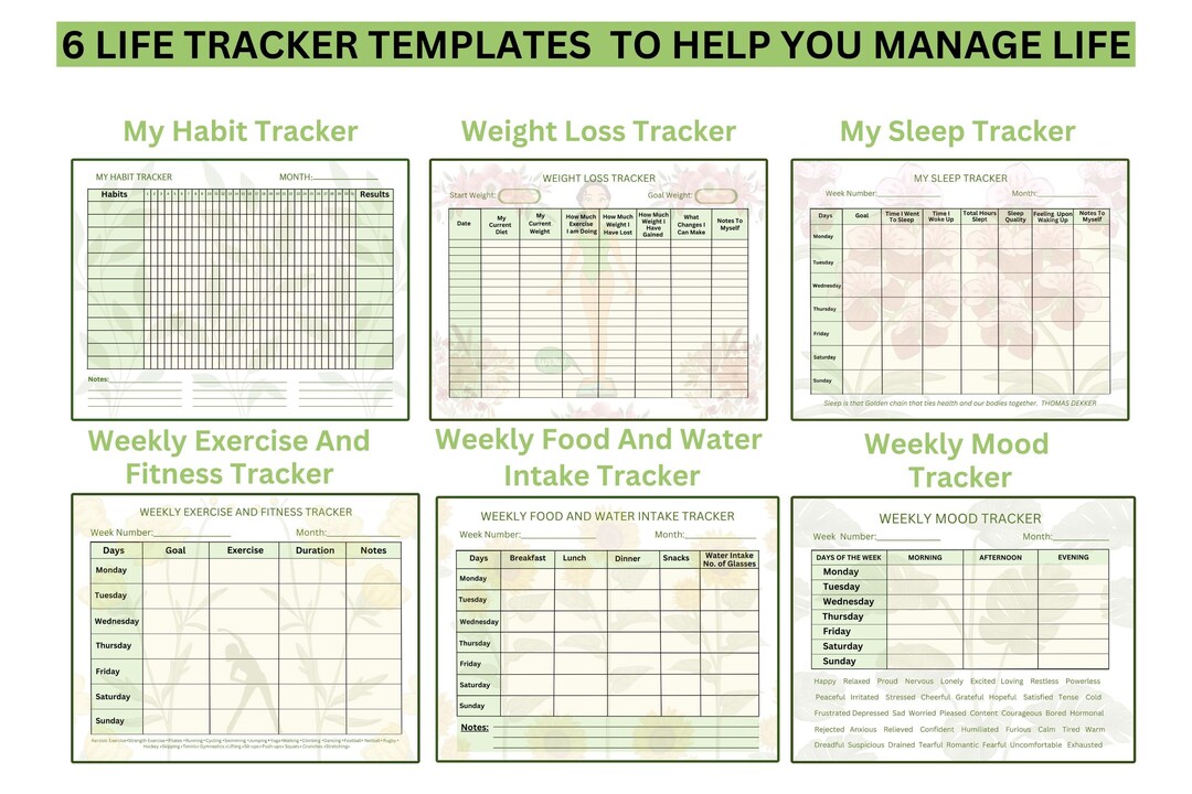 Bundle of 6 Life Hacks Trackers Habits Tracker Exercise & Fitness ...