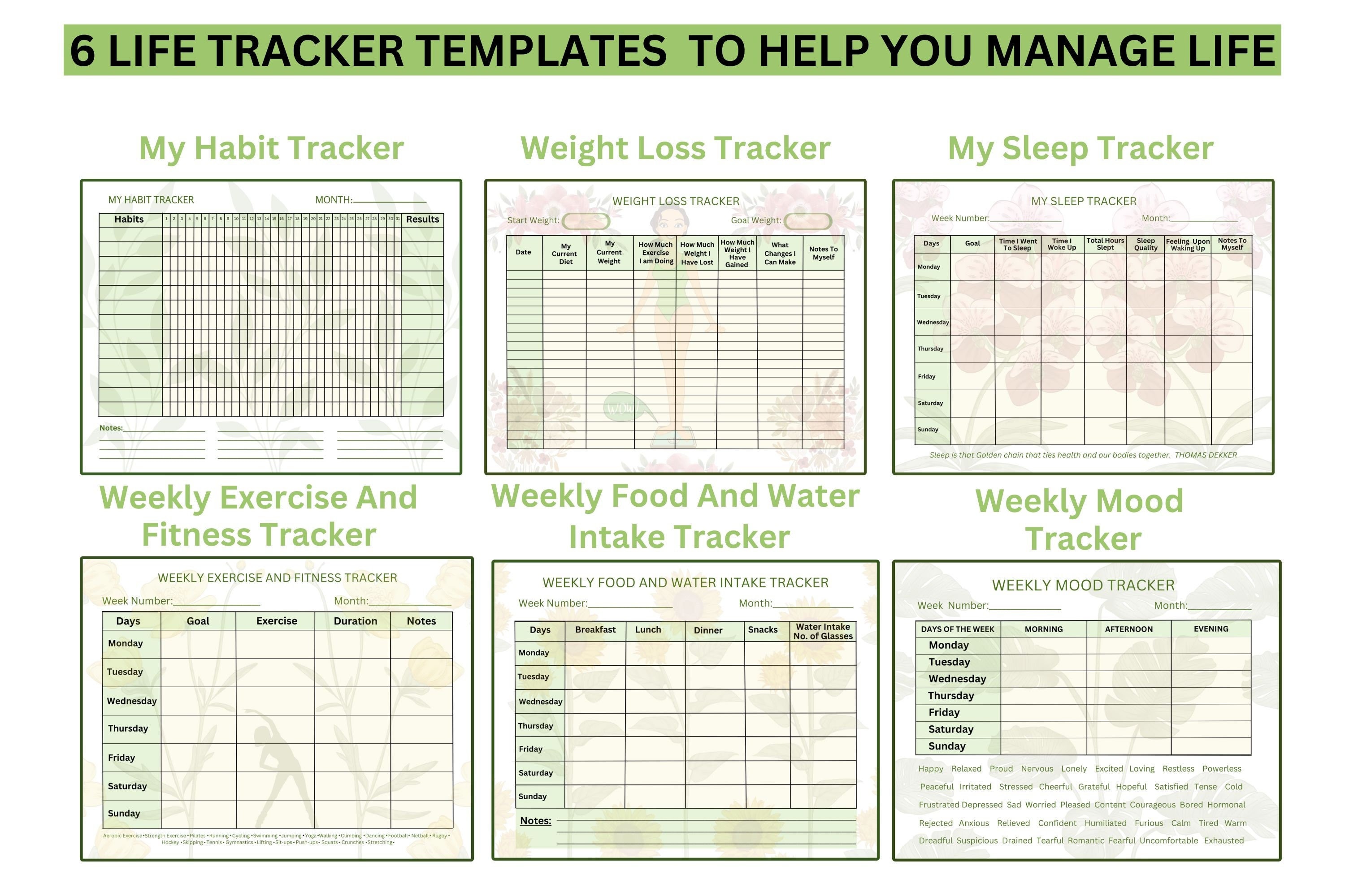 Bundle of 6 Life Hacks Trackers Habits Tracker Exercise & Fitness ...
