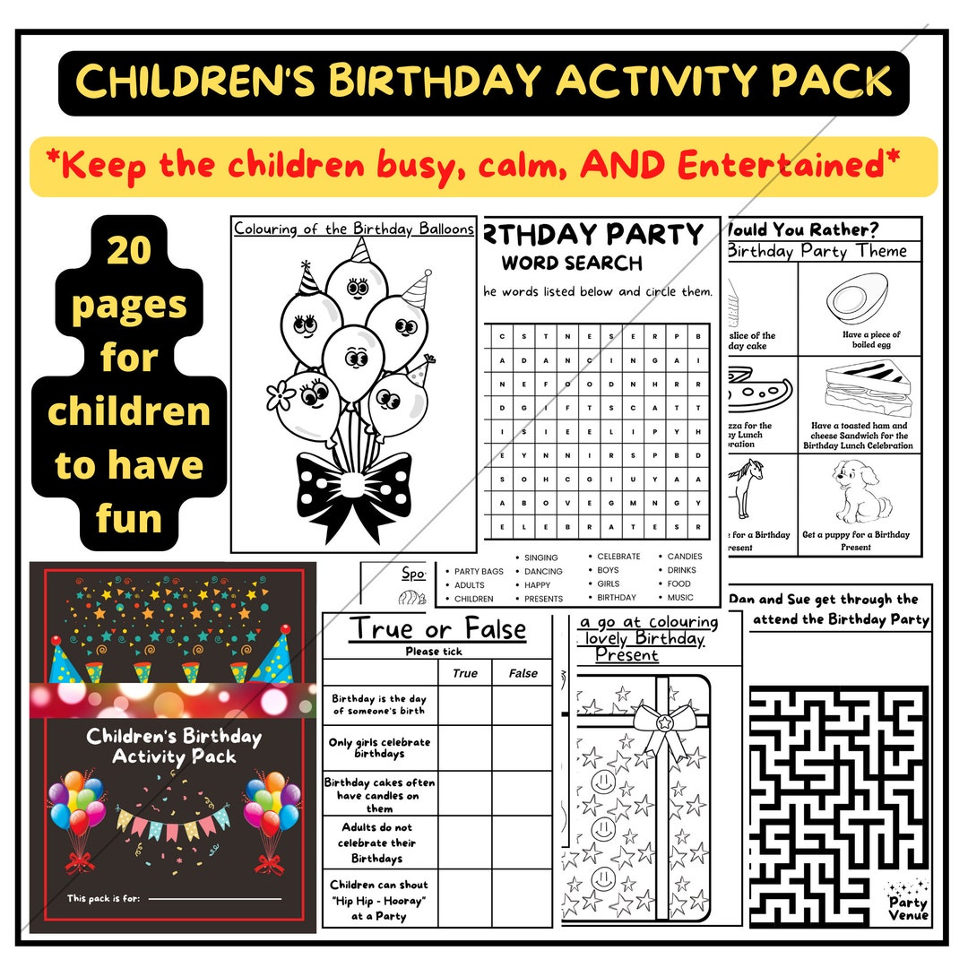Children's Birthday Activity Pack 20 Pages of Fun Size - Etsy