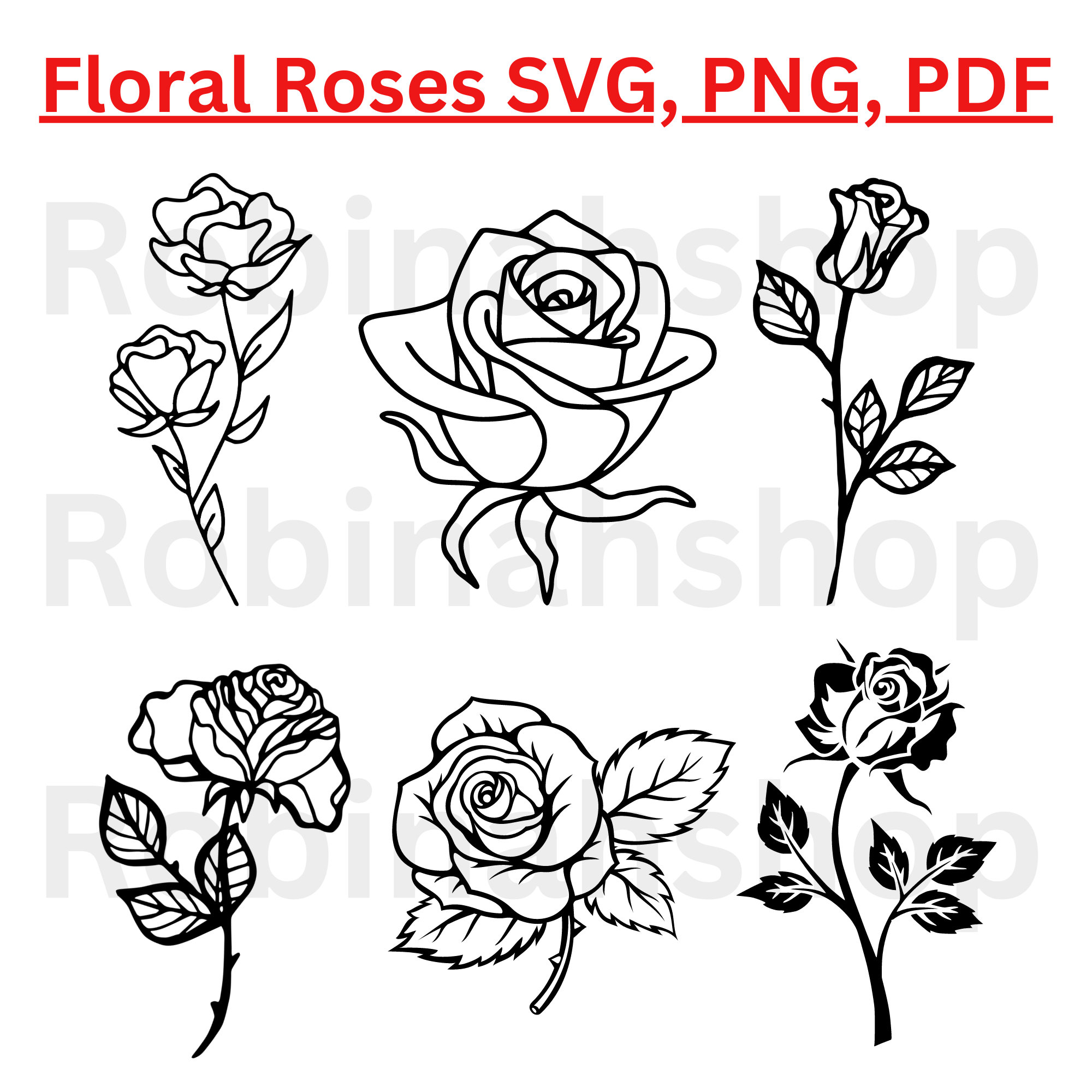 Roses Bundle Svg Instant Download Floral Flower Leaves Svg Png Pdf Diy ...