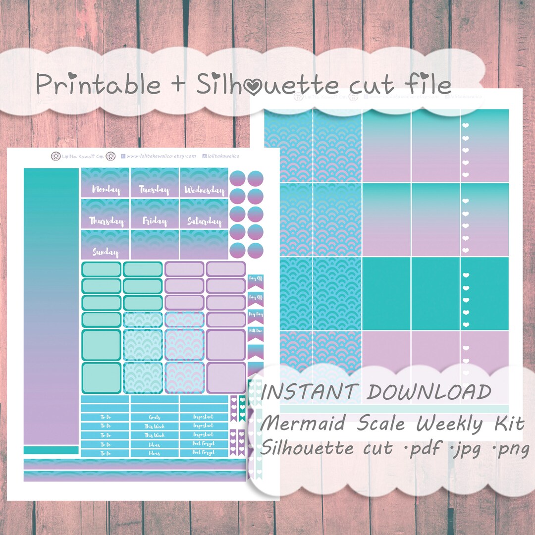 THP Printable Weekly Kit Kawaii Turquoise Lavander Mermaid Scale ...