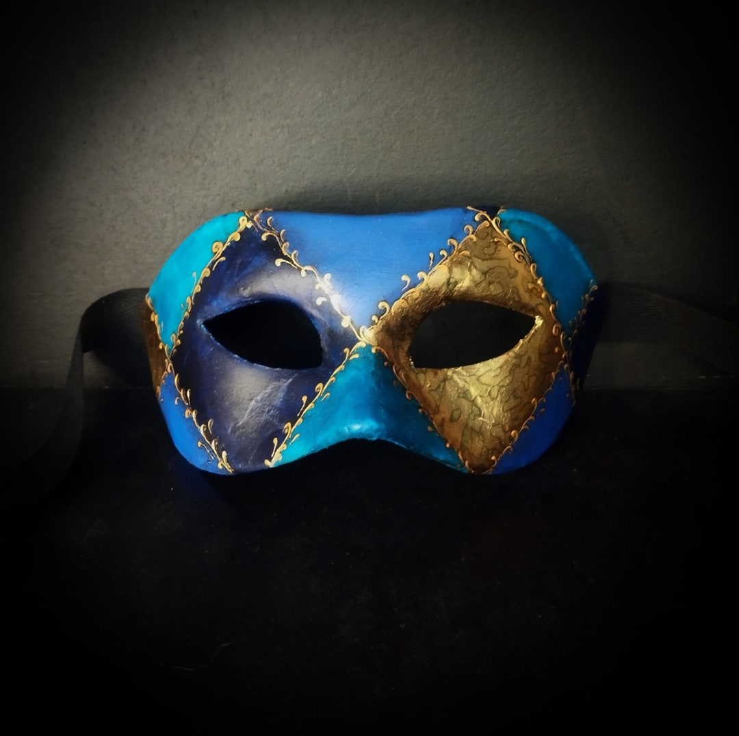 Blue and Gold Masquerade Mask. Paper Mache Mask. Venetian Handmade Mask ...
