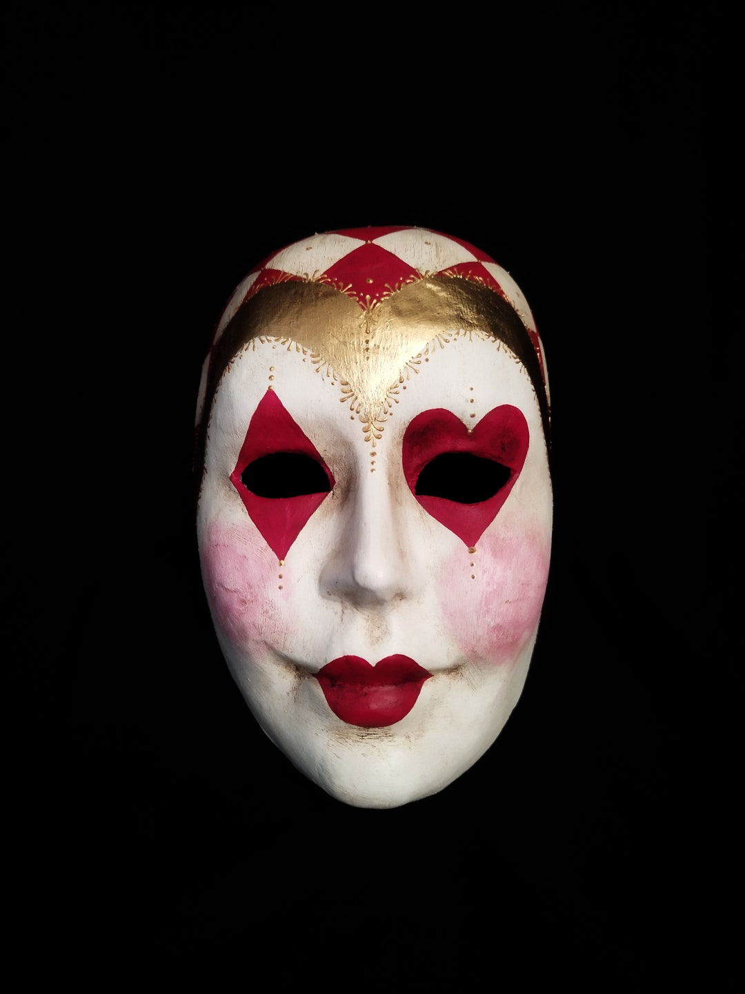 Pierrot Mask Red Cards Hearts and Diamonds - Venetian Paper Mache Mask ...