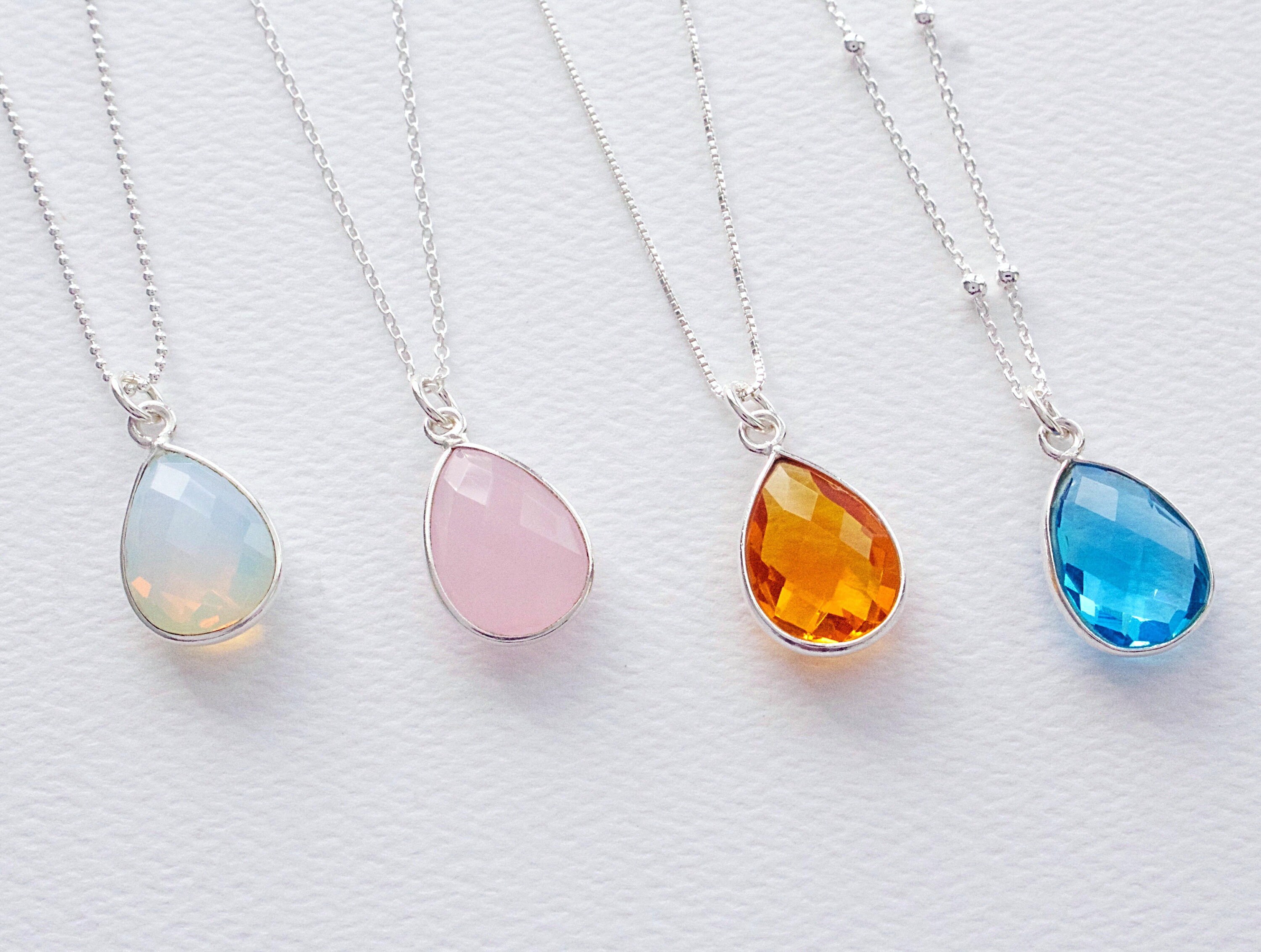 Quartz Birthstone Sterling Silver Necklace, Quartz Teardrop Pendant ...