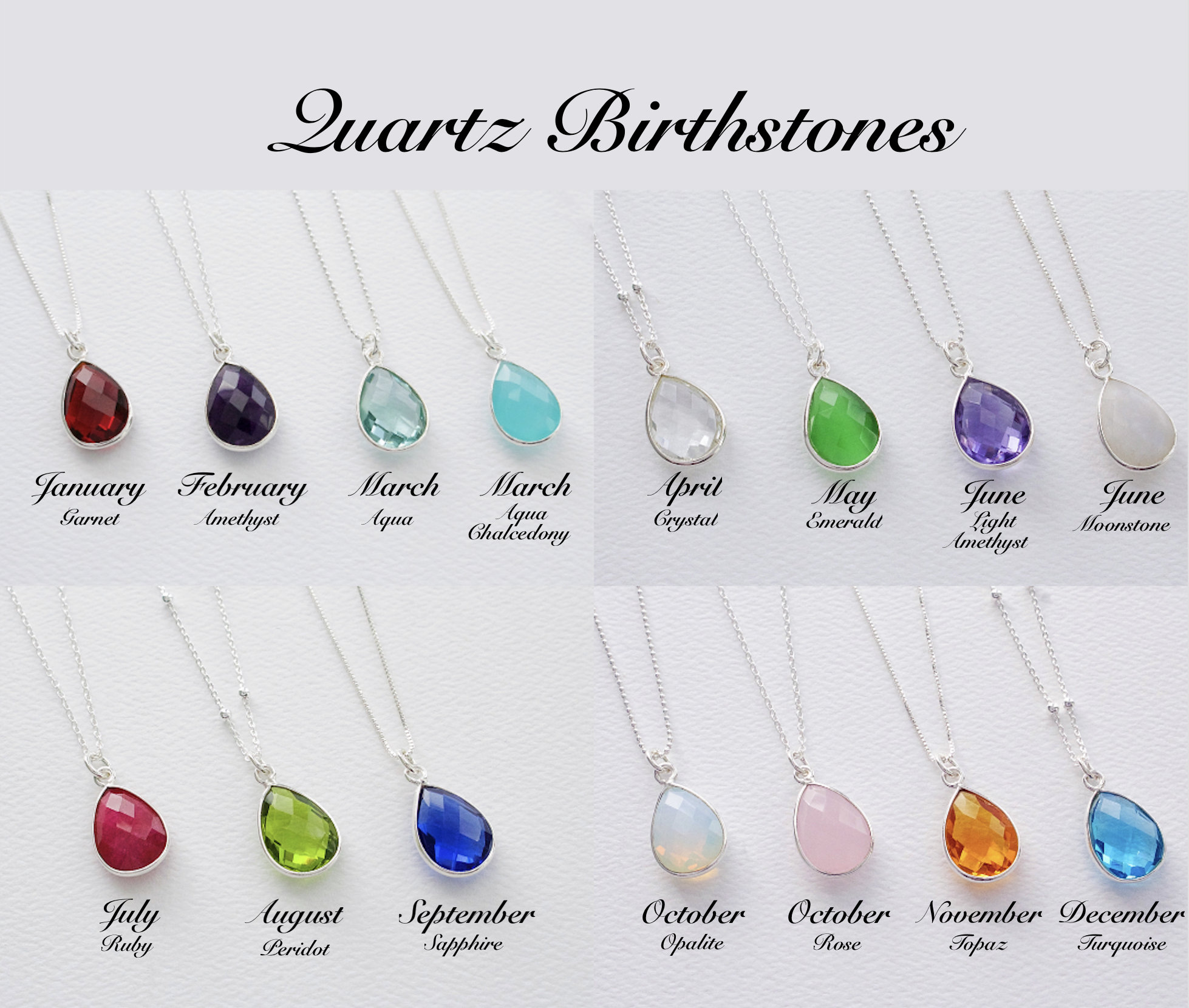 Quartz Birthstone Sterling Silver Necklace, Quartz Teardrop Pendant ...