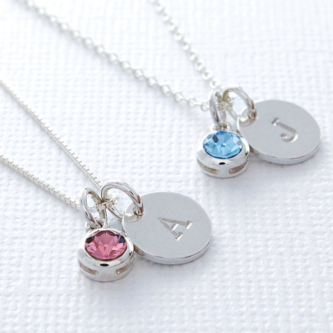 Initial Disc and Birthstone Sterling Silver Necklace, Personalized ...