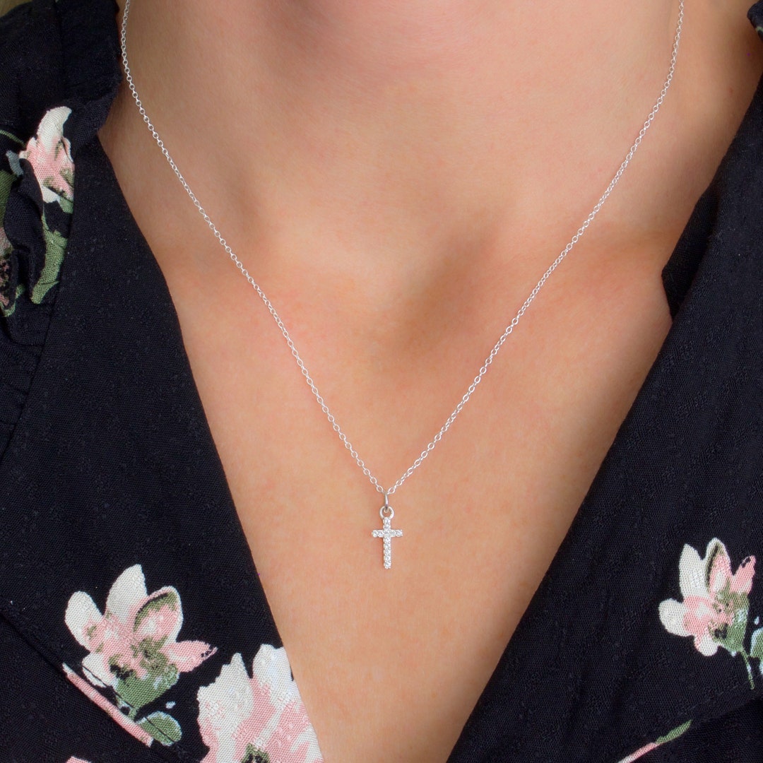 Small Cross Necklace, Tiny Sterling Silver Cross With Crystal Gems ...