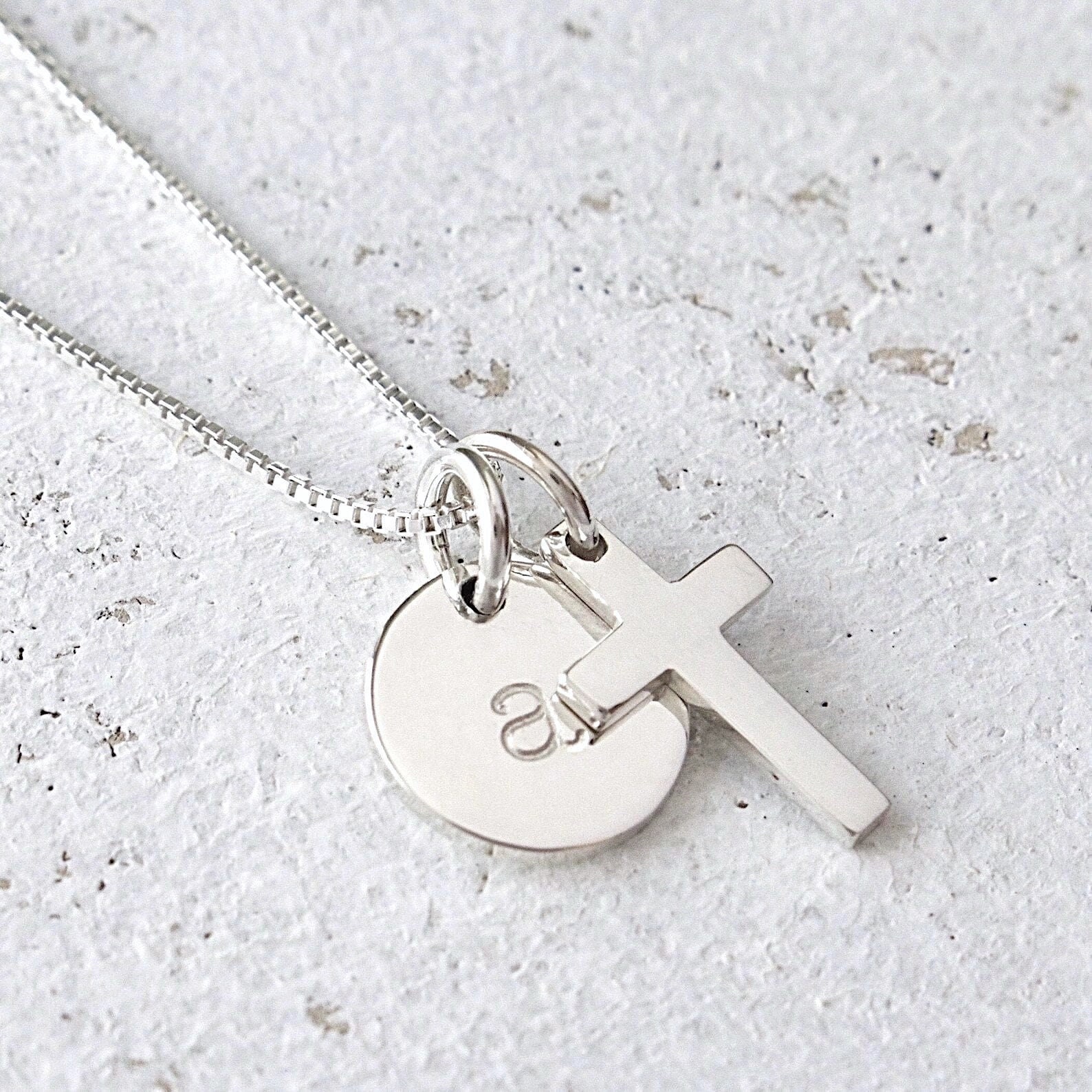 Cross and Initial Disc Sterling Silver Necklace, Letter Charm Jewelry ...