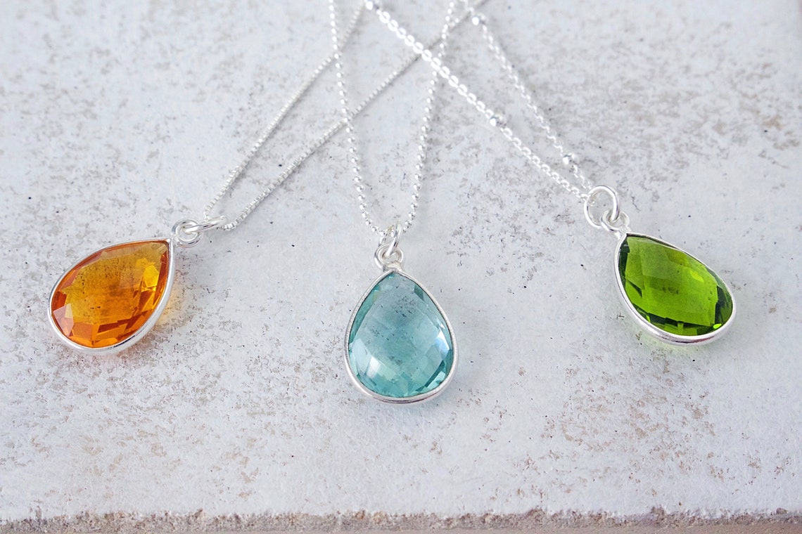 Quartz Birthstone Sterling Silver Necklace, Quartz Teardrop Pendant ...