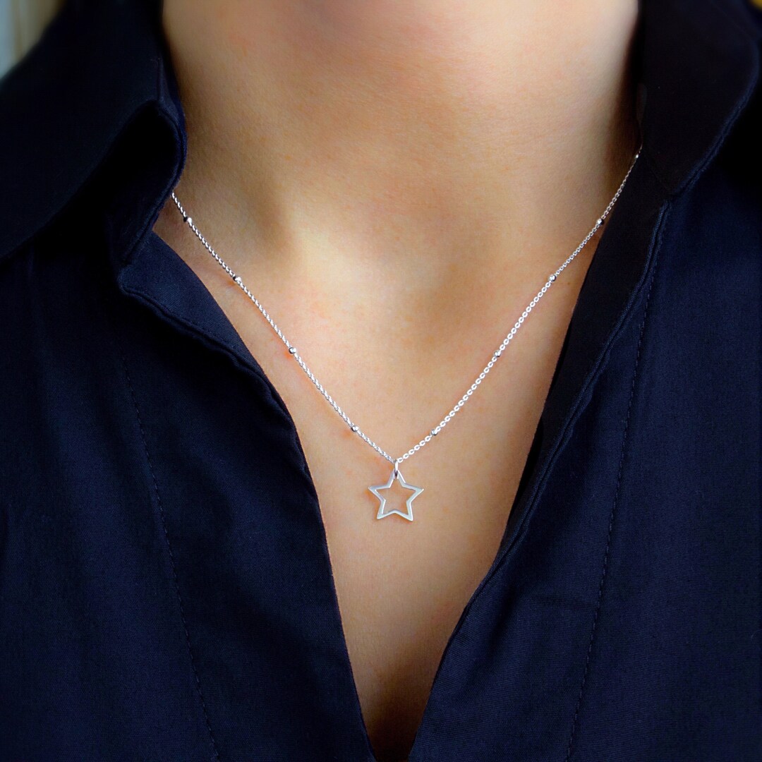 Sterling Silver Star Pendant Outline Necklace, Patriotic Star Necklace ...