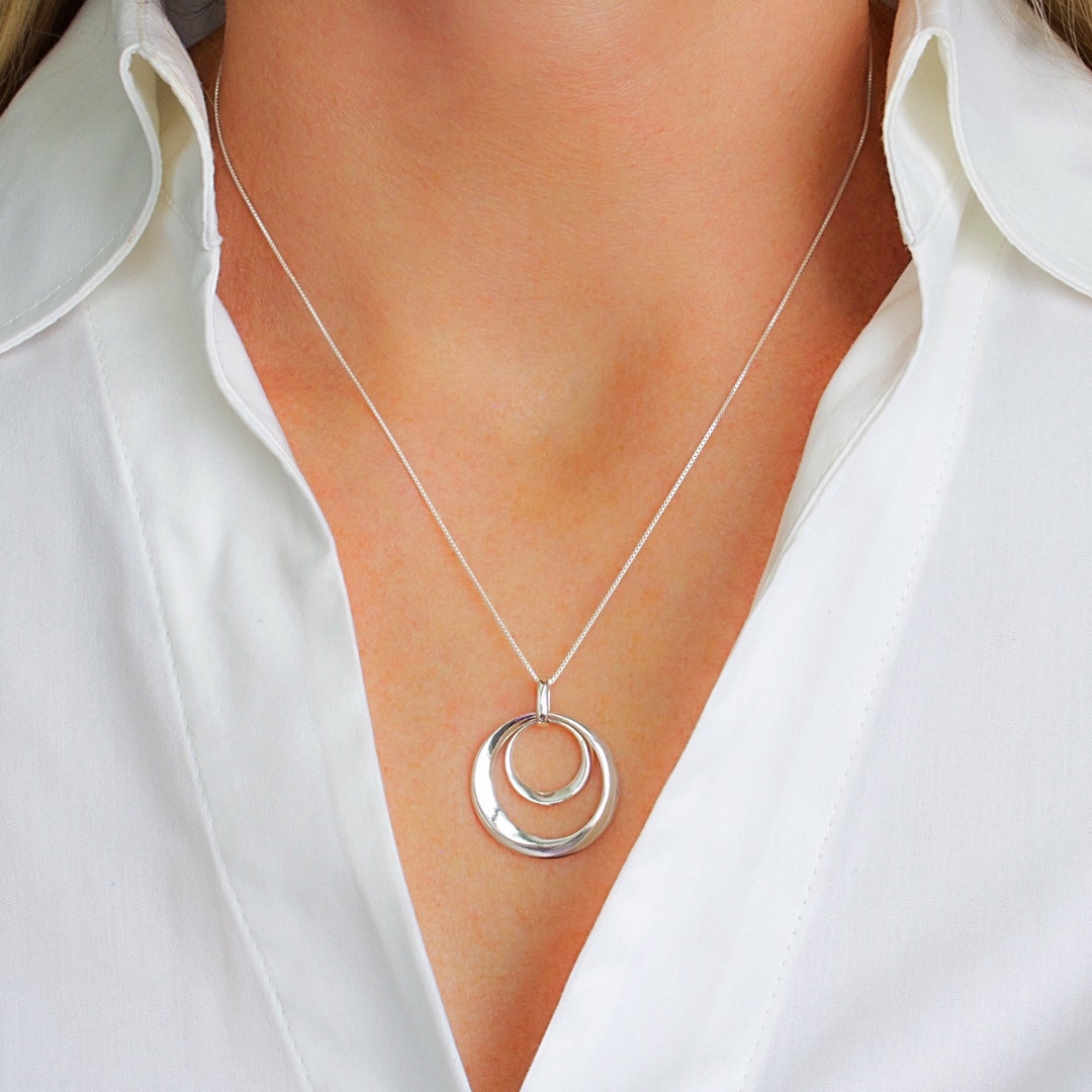 Double Circles Sterling Silver Necklace, Silver Round Pendant, Womens ...