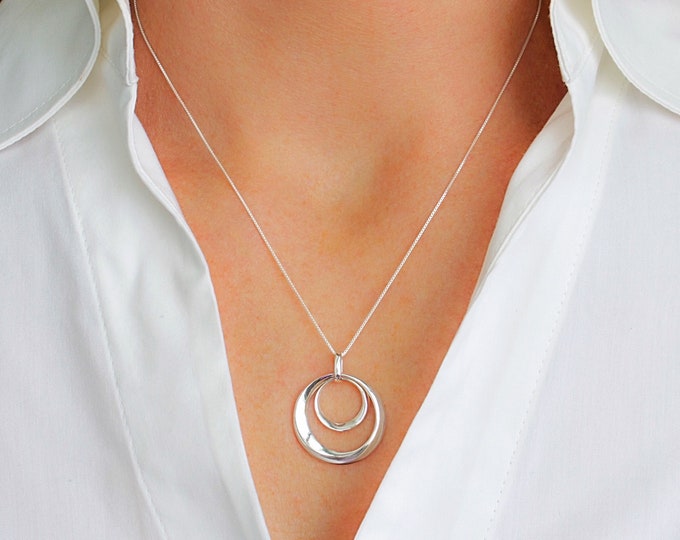 Double Circles Sterling Silver Necklace, Silver Round Pendant, Womens ...