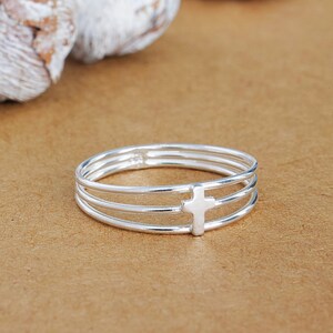 Sterling Silver Cross Ring, Multi Band Cross Ring, Women's Cross Finger Ring, High Polished Ring ...