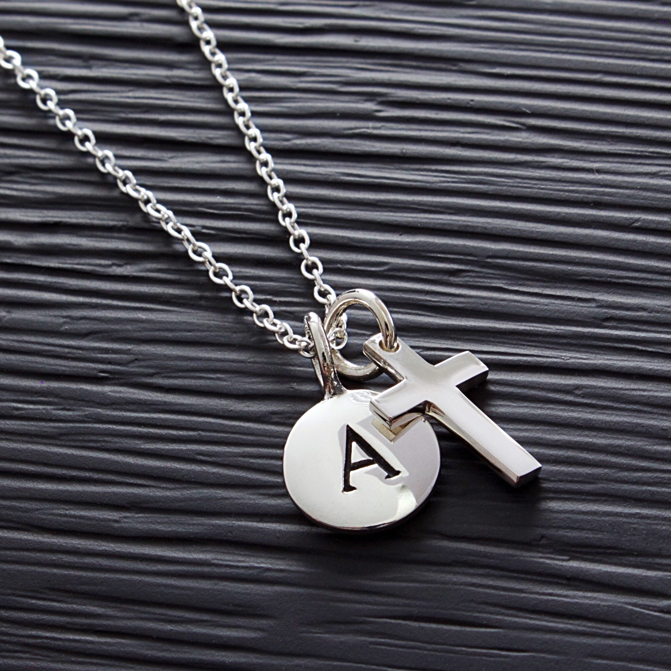 Petite Cross and Initial Disc Sterling Silver Necklace, FREE SHIPPING ...