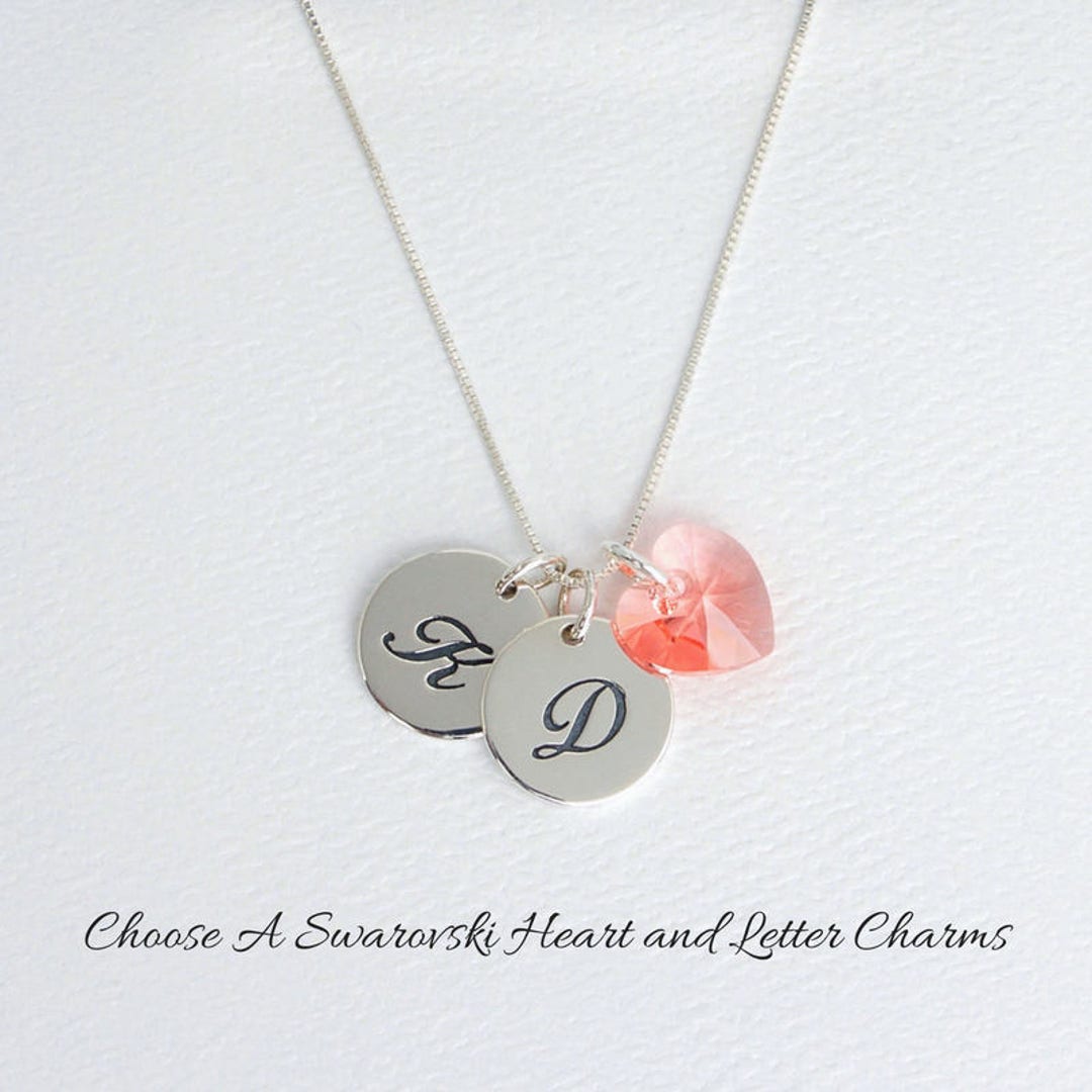 Sterling Silver Letter Charm and Swarovski Crystal Heart Birthstone Necklace Personalized Monogram Initial Tag Necklace and Gift Card Etsy