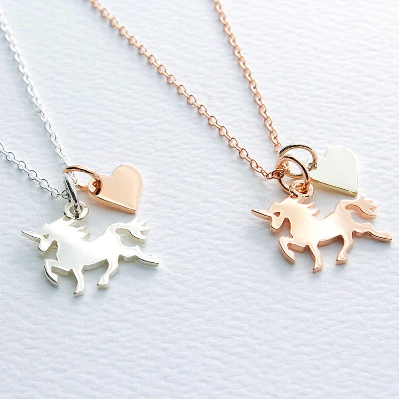 Unicorn and Heart Charm Necklace in Sterling Silver and Rose Gold ...