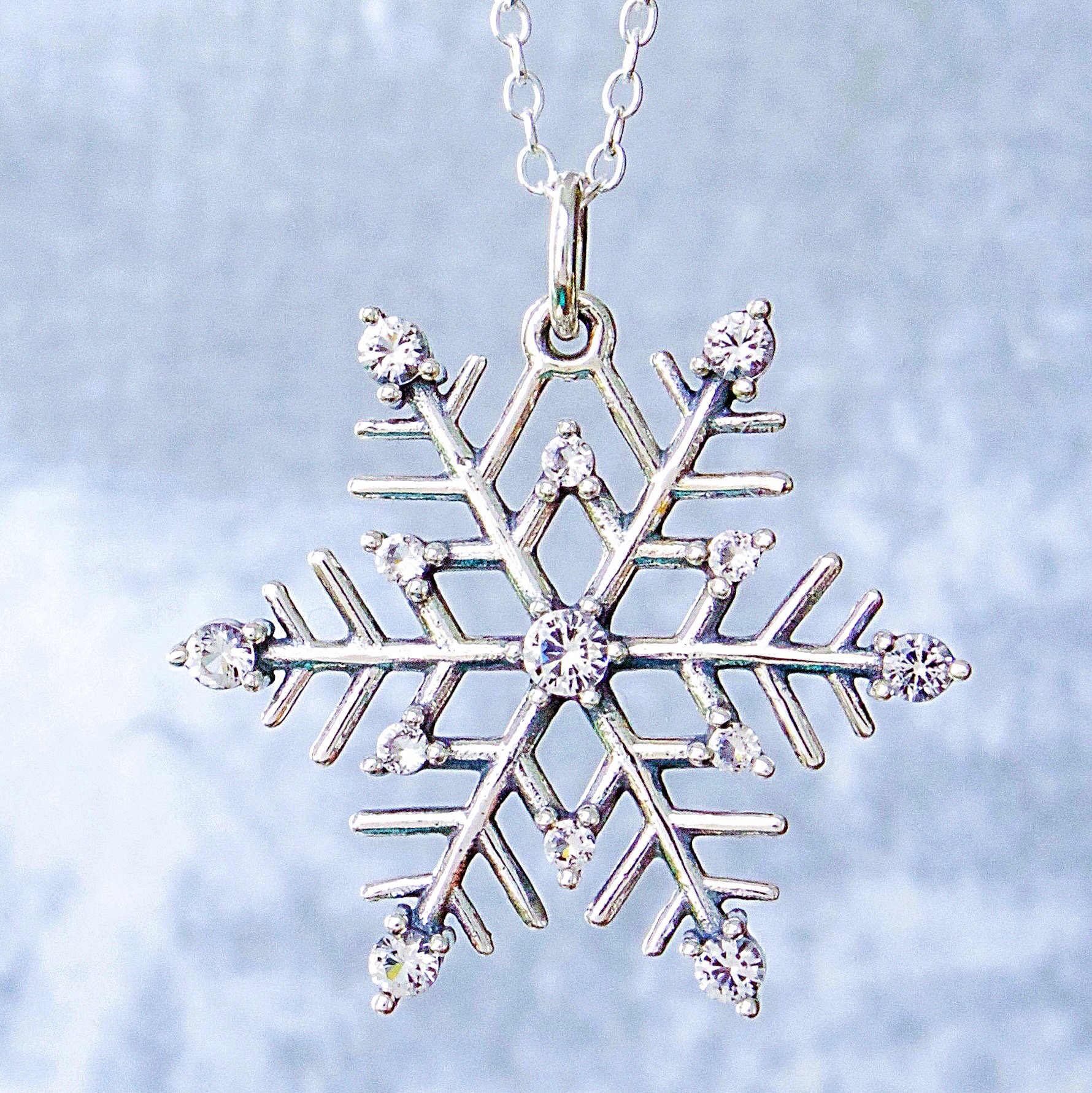 925 Sterling Silver Snowflake With Nano Gemstones Necklace, Winter ...