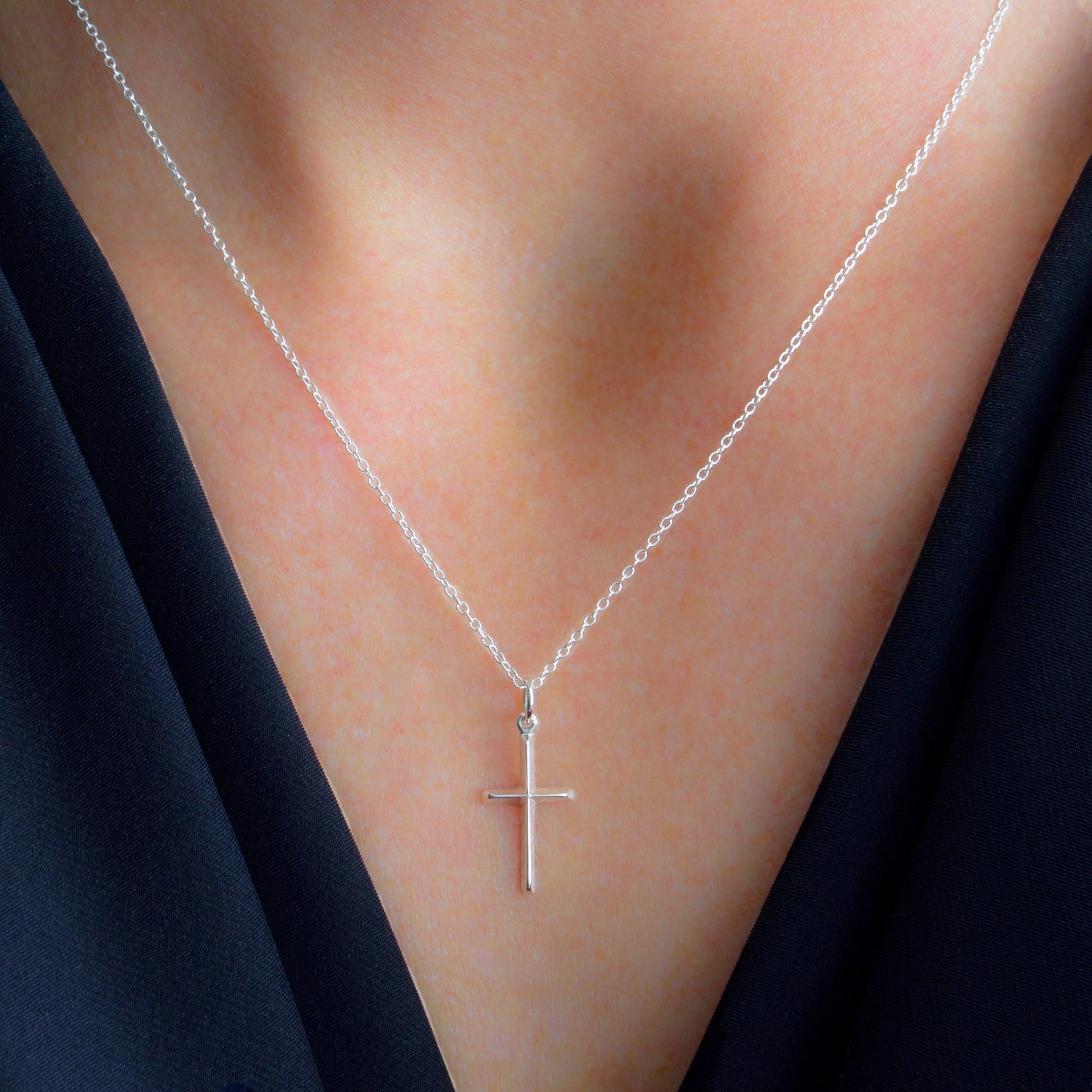 Sterling Silver Cross Necklace, Ridged Christian Cross Jewelry Gift ...