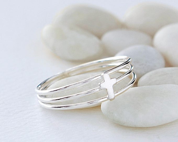 Sterling Silver Cross Ring, Multi Band Cross Ring, Women's Cross Finger ...