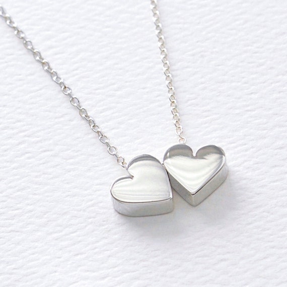 Double Mini Hearts Sterling Silver Necklace Two Hearts | Etsy