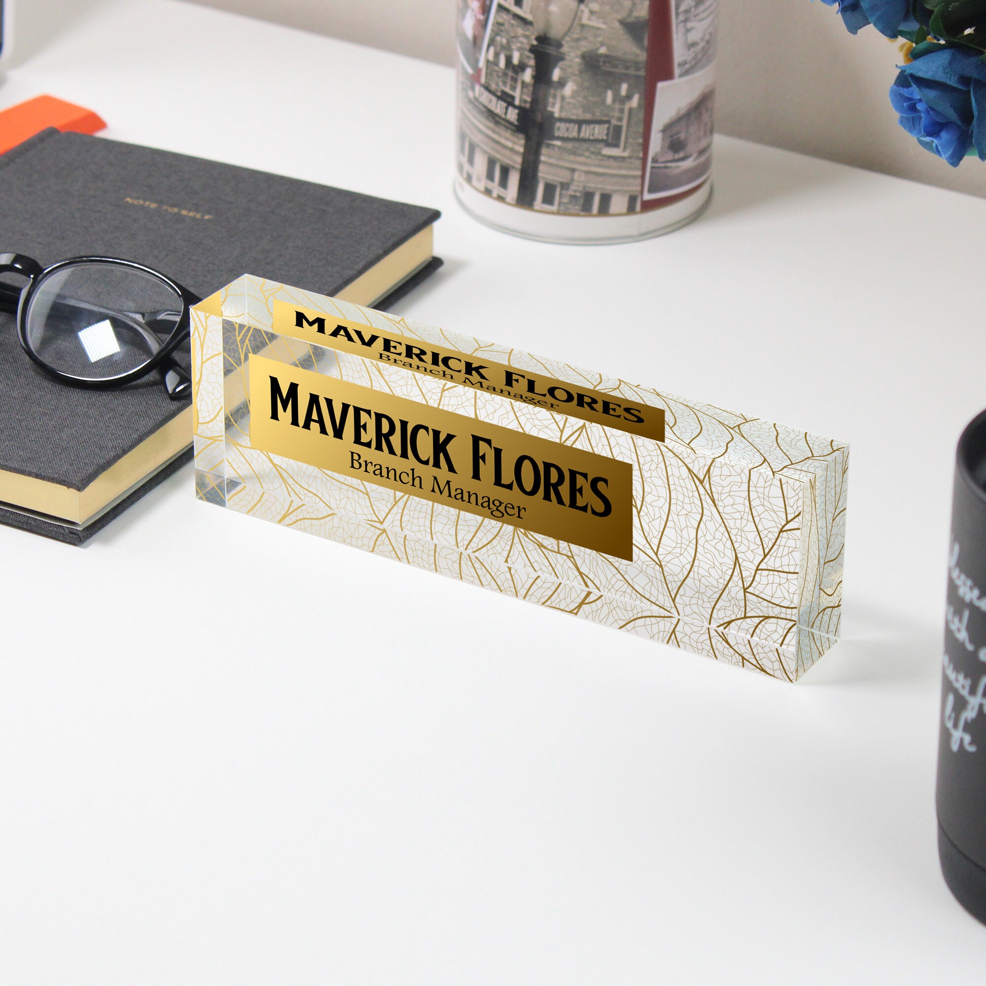 Acrylic Desk Name Plate for Branch Managers Gold Leaves Design Glass ...