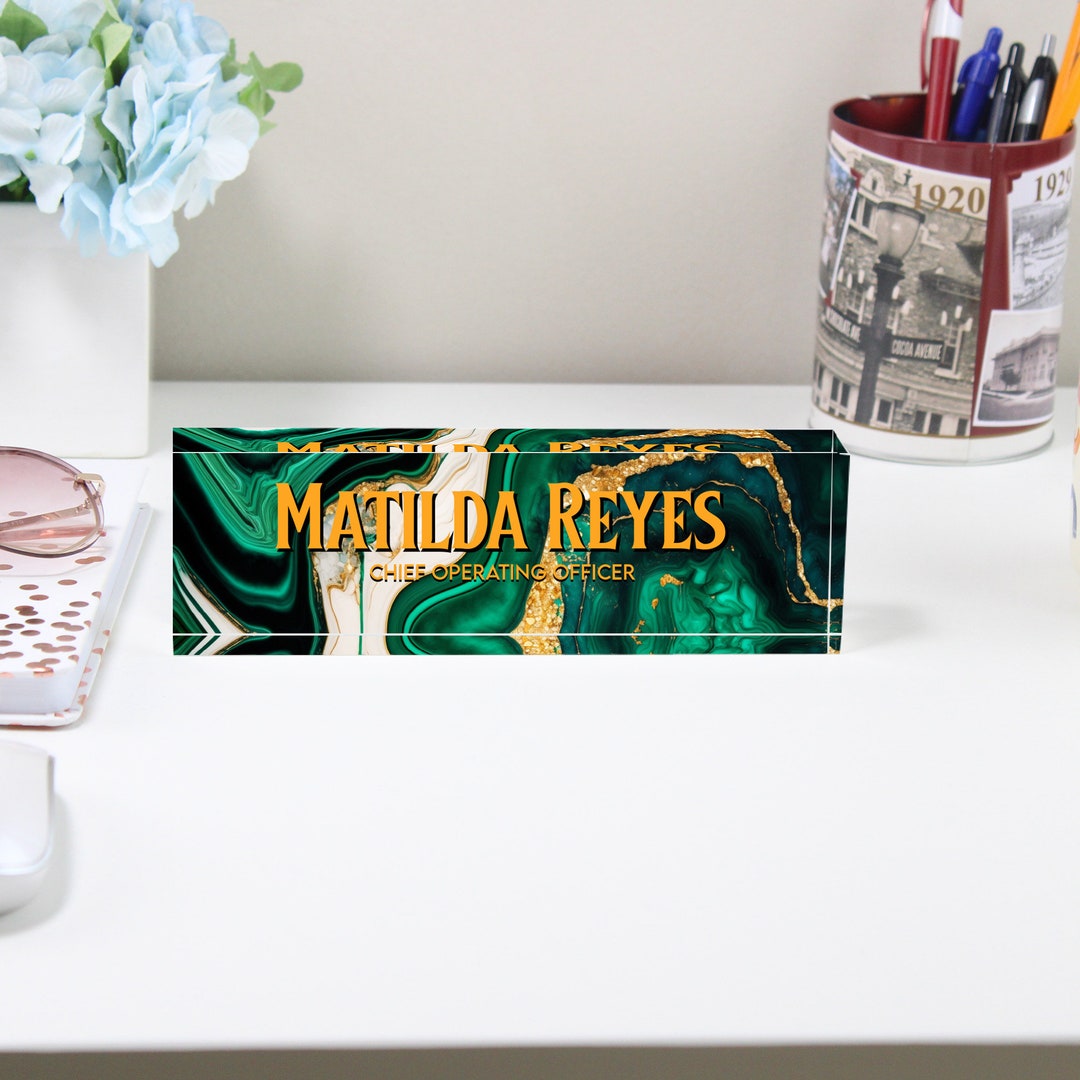 Personalized Acrylic Desk Block Green and Gold Marble Design, Perfect ...