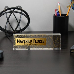 Acrylic Desk Name Plate for Branch Managers Gold Leaves Design Glass ...