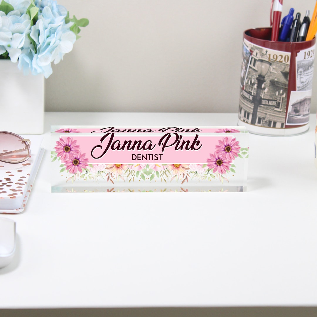 Acrylic Desk Name Plate for Dentist Pink Chrysanthemum Floral Design ...