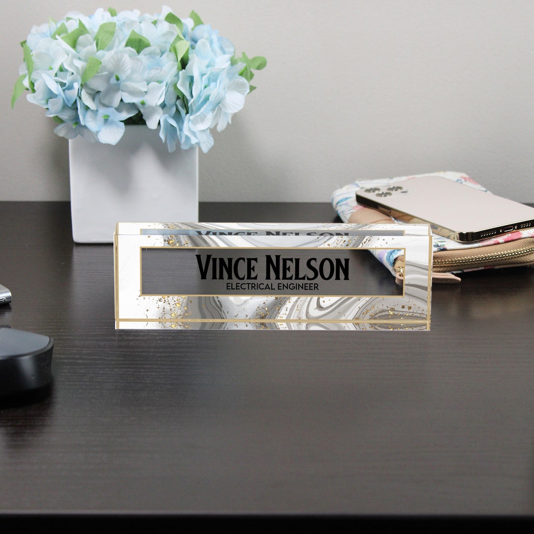 Acrylic Desk Name Plate for Electrical Engineer Gray and Gold Marble ...
