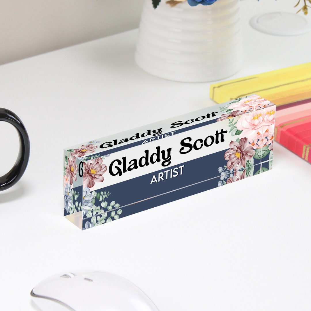 Custom Acrylic Name Plate for Artists Blue and Pink Floral Design ...