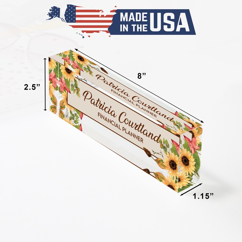Glass Block Desk Name Plate With Sunflowers Elegant Office Decor and ...