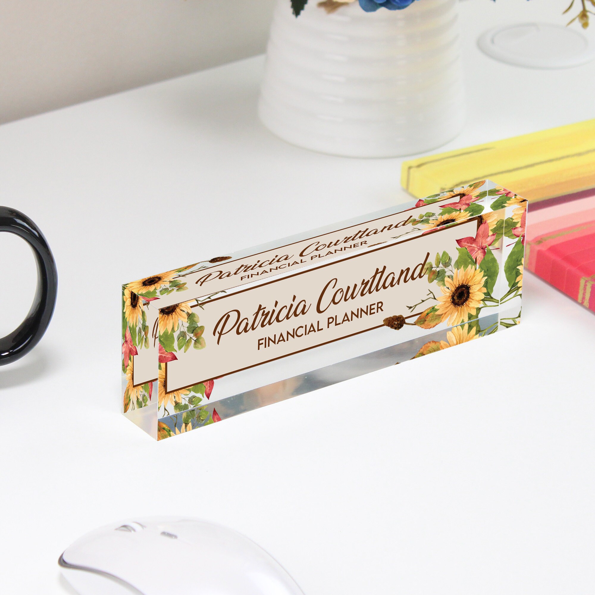 Glass Block Desk Name Plate With Sunflowers Elegant Office Decor and ...