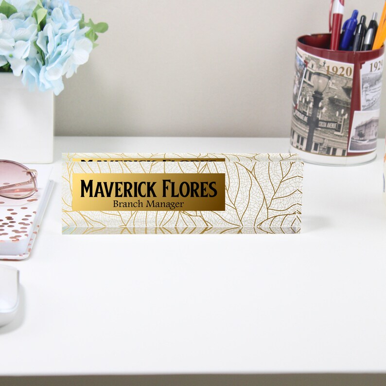 Acrylic Desk Name Plate for Branch Managers Gold Leaves Design Glass ...