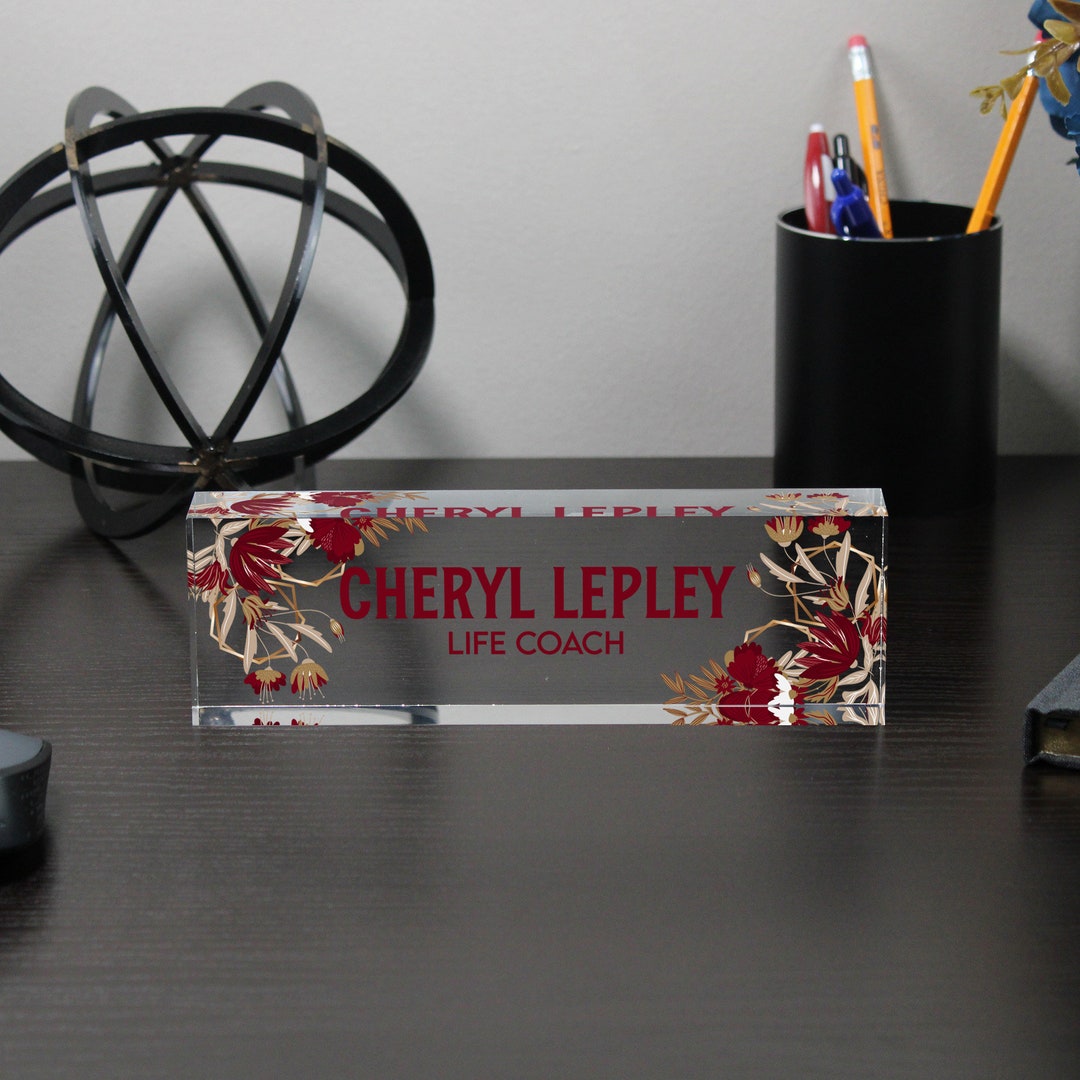 Acrylic Desk Name Plate for Life Coaches Red & White Floral Design ...