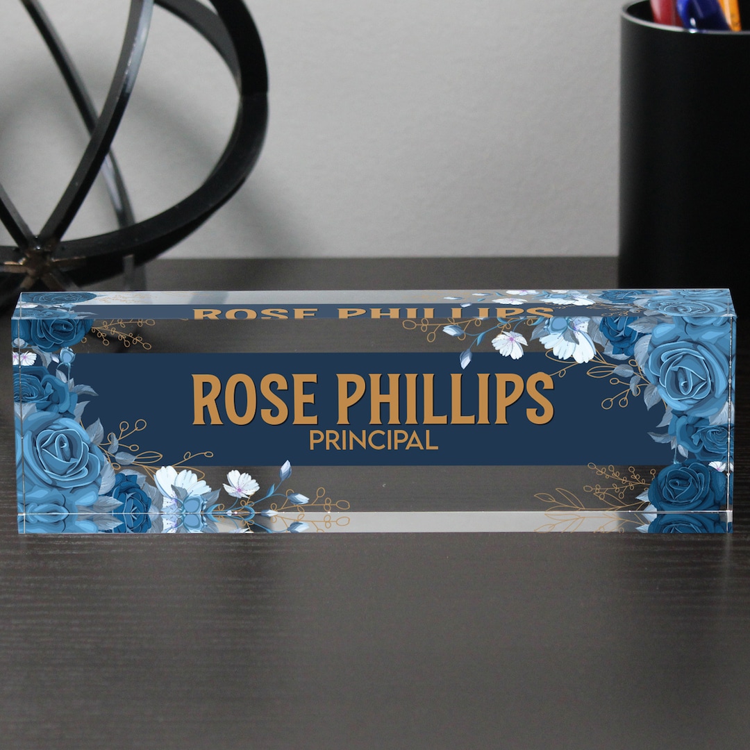 Personalized Principal Desk Name Plate Blue Roses With Gold Accent ...