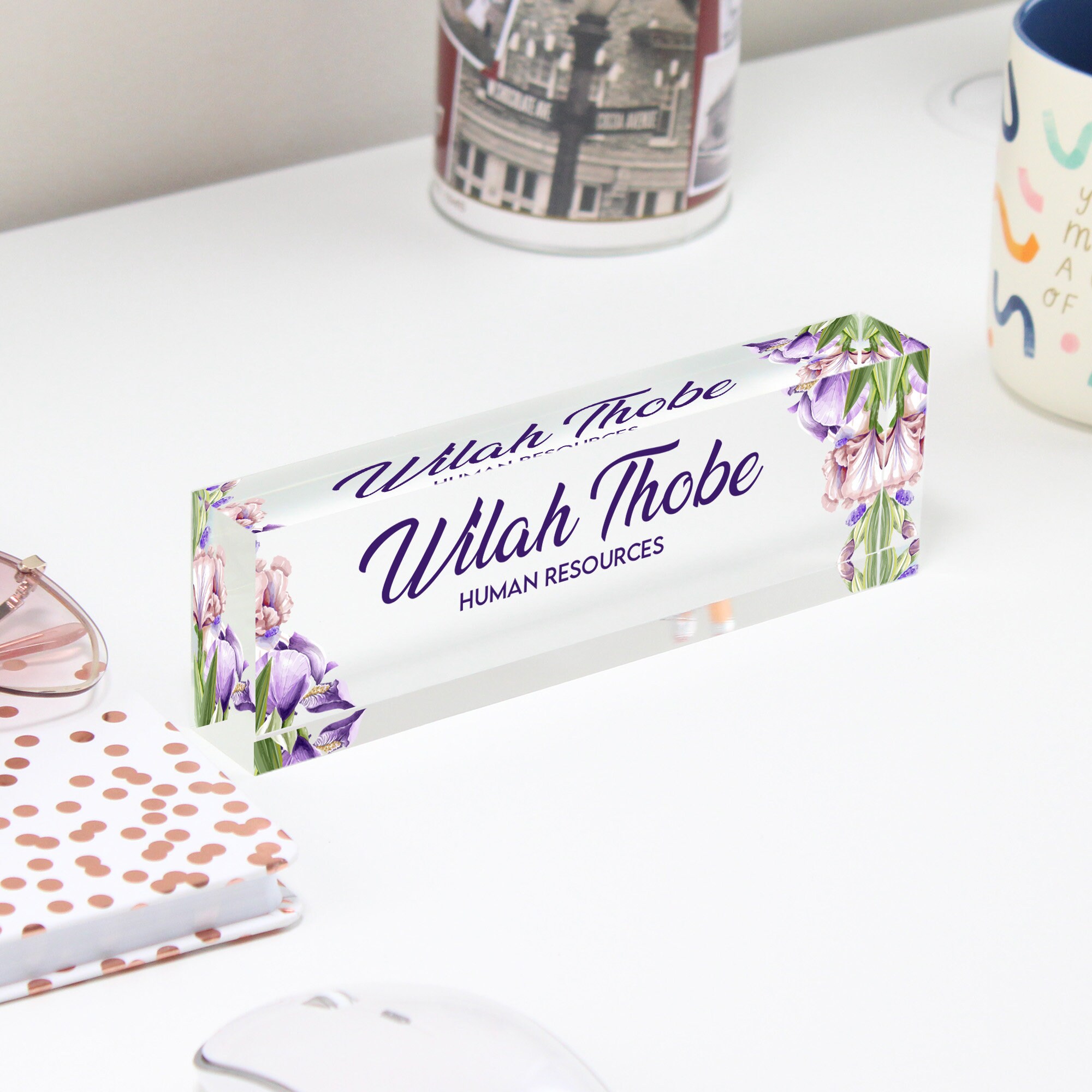Acrylic Desk Name Plate With Purple Lilies Decorative Block for Human ...