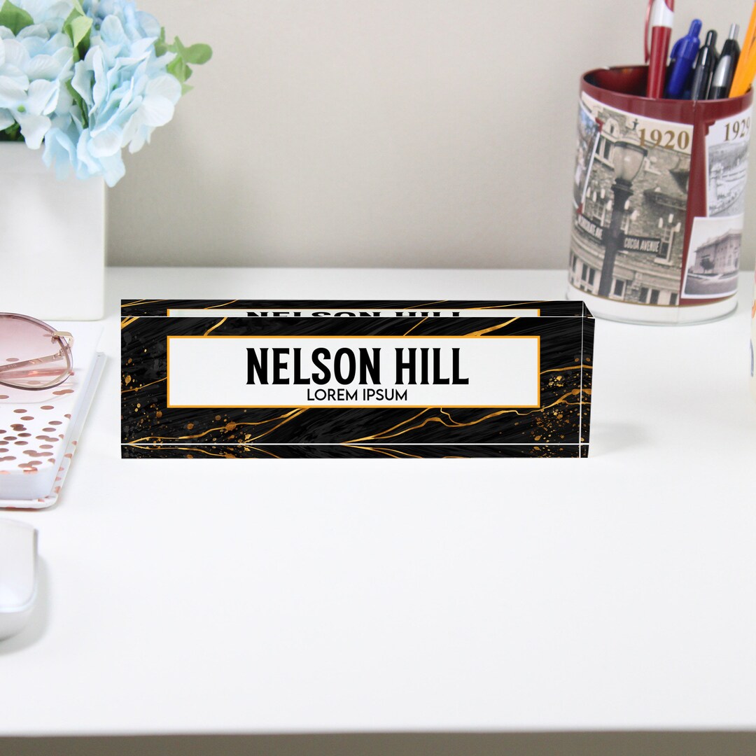 Acrylic Desk Name Plate With Elegant Marble Design Gold and Black ...