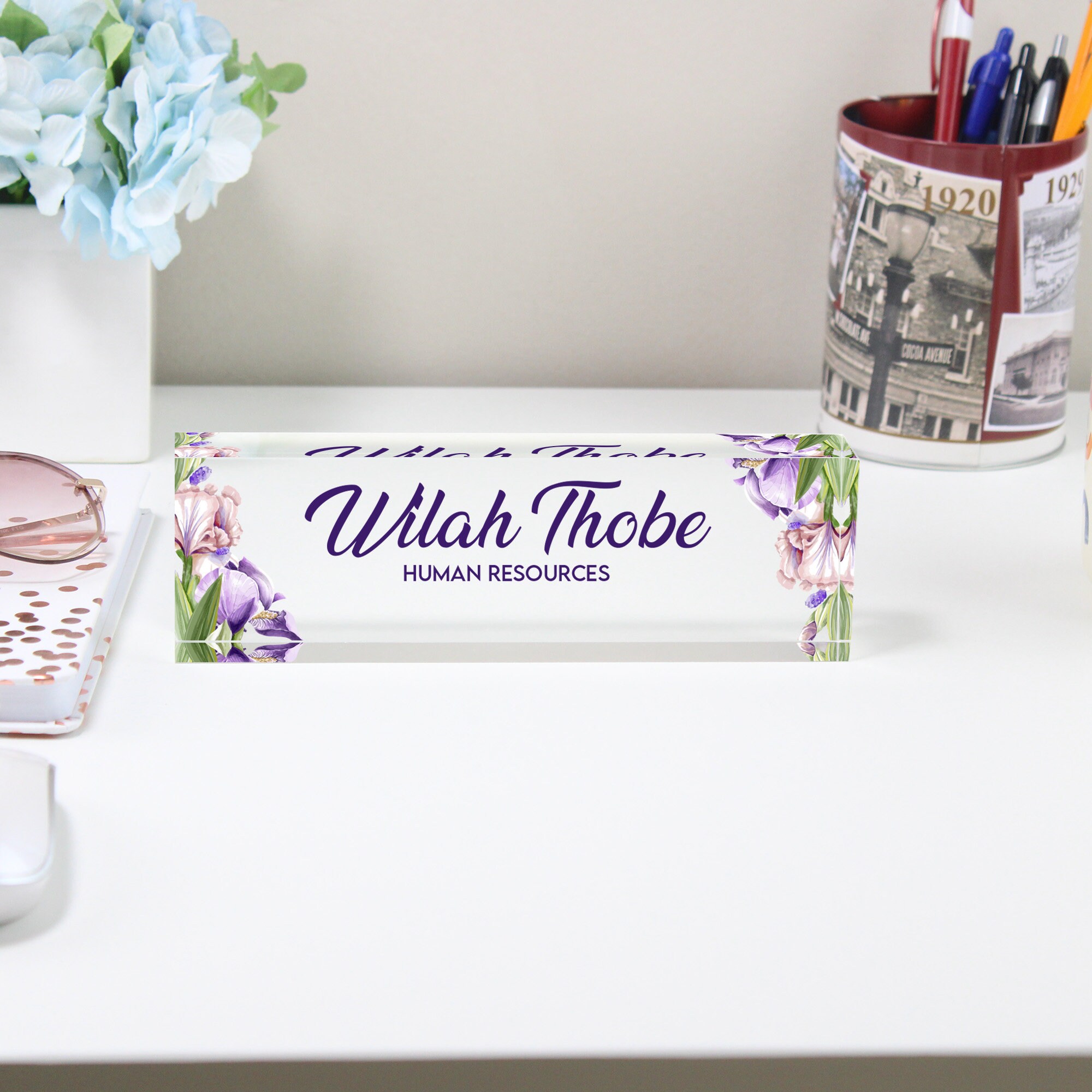 Acrylic Desk Name Plate With Purple Lilies Decorative Block for Human ...