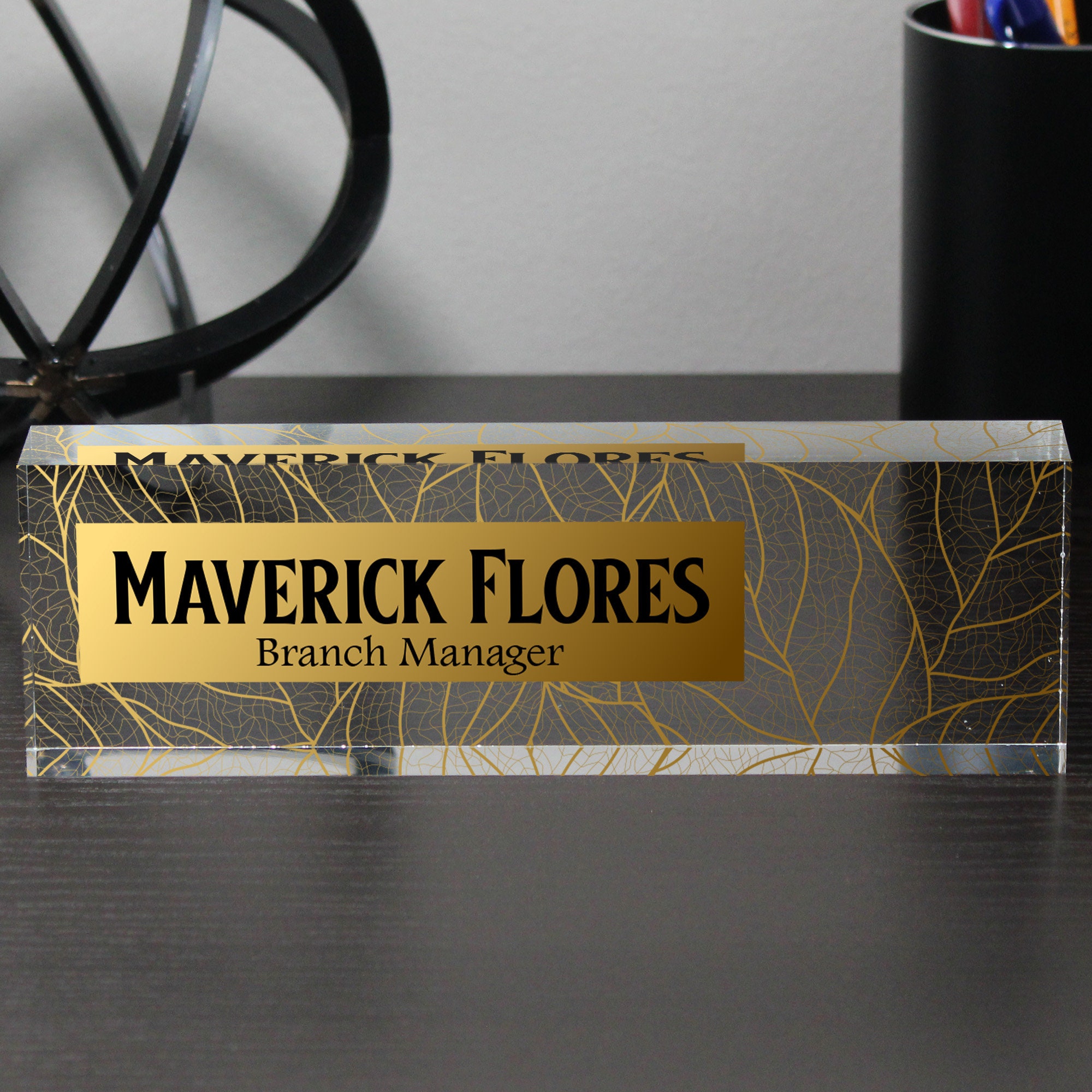 Acrylic Desk Name Plate for Branch Managers Gold Leaves Design Glass ...