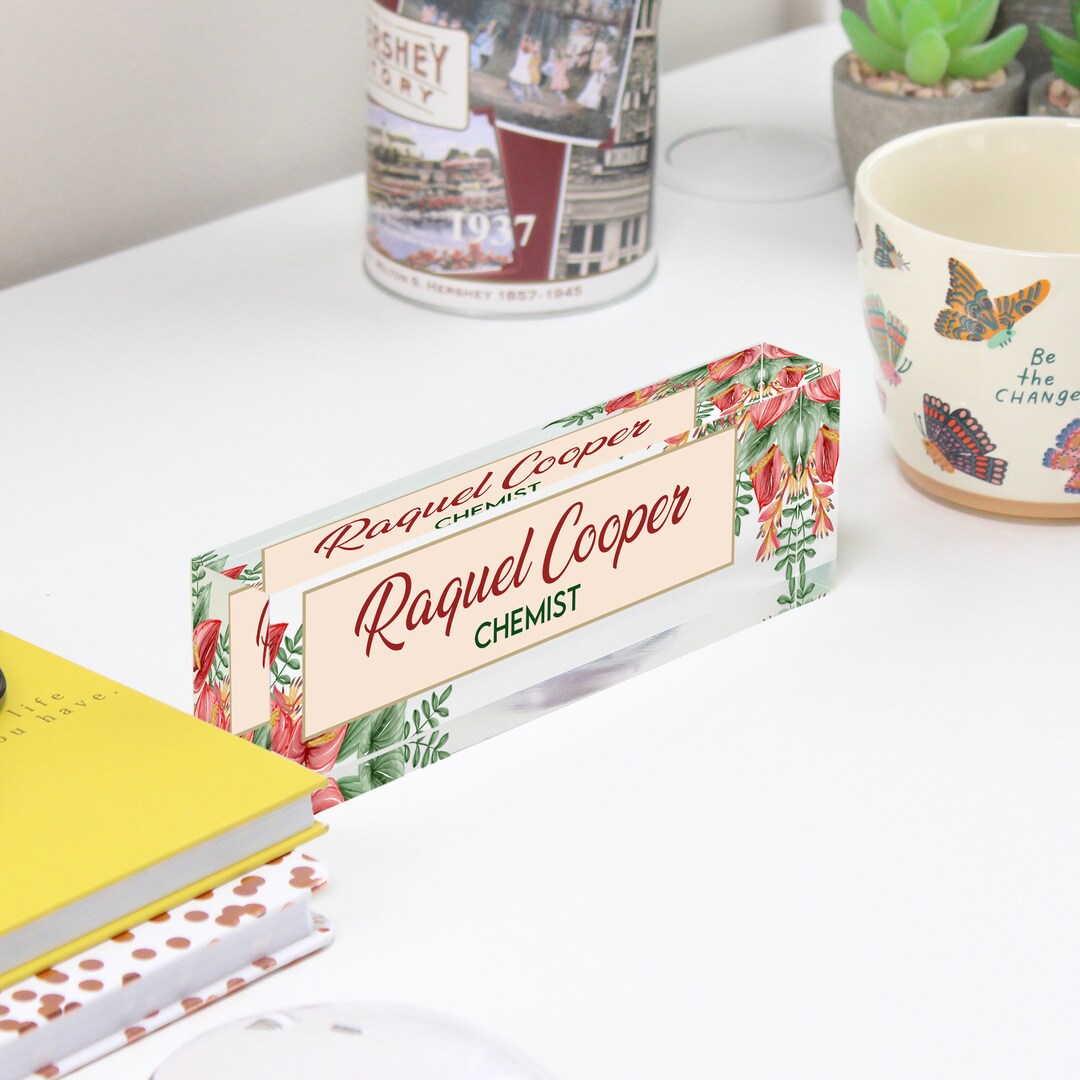 Acrylic Desk Name Plate for Chemists Red and Peach Anthurium Flowers ...