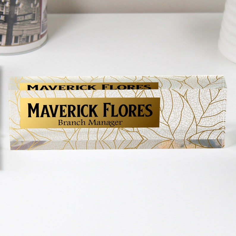 Acrylic Desk Name Plate for Branch Managers Gold Leaves Design Glass ...