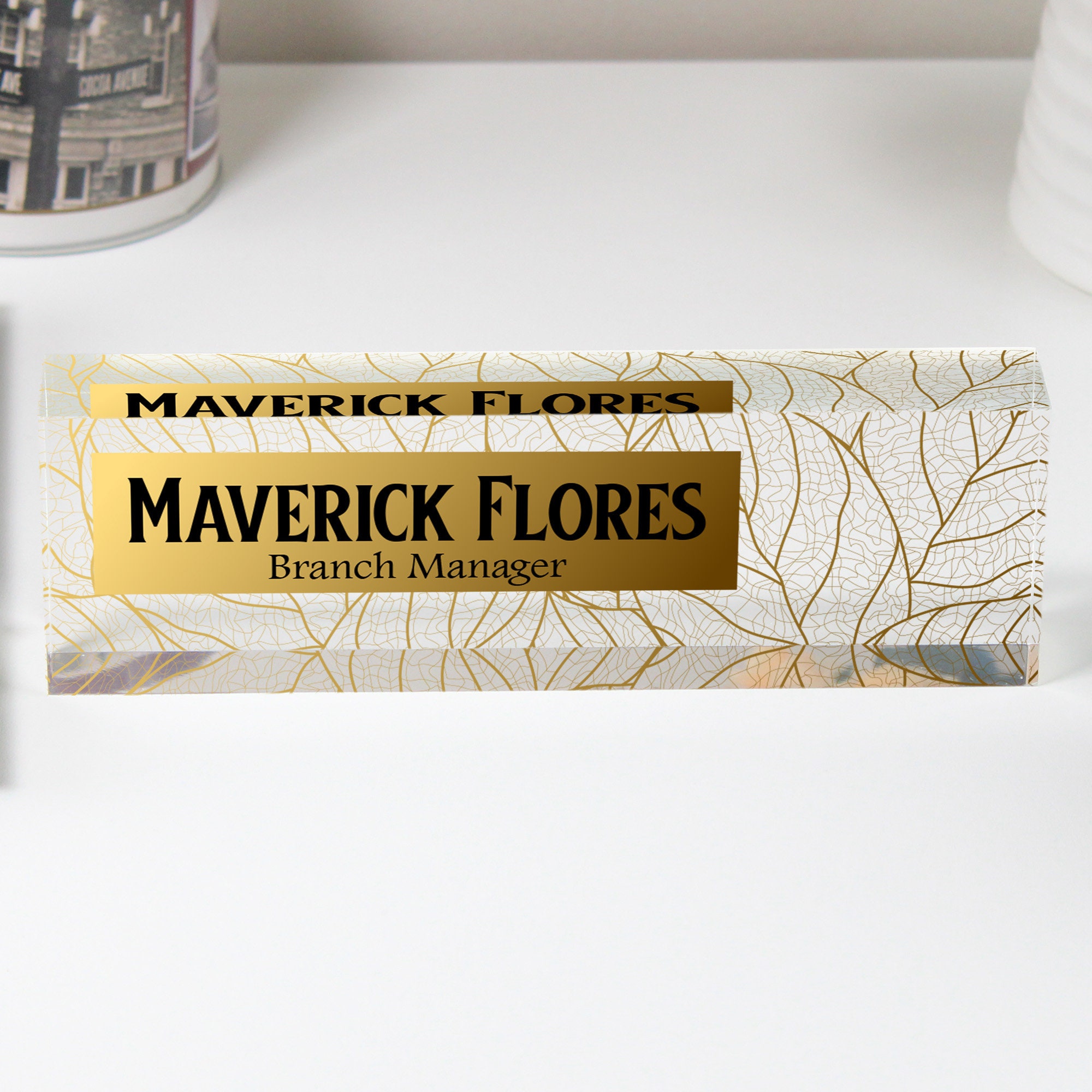 Acrylic Desk Name Plate for Branch Managers Gold Leaves Design Glass ...