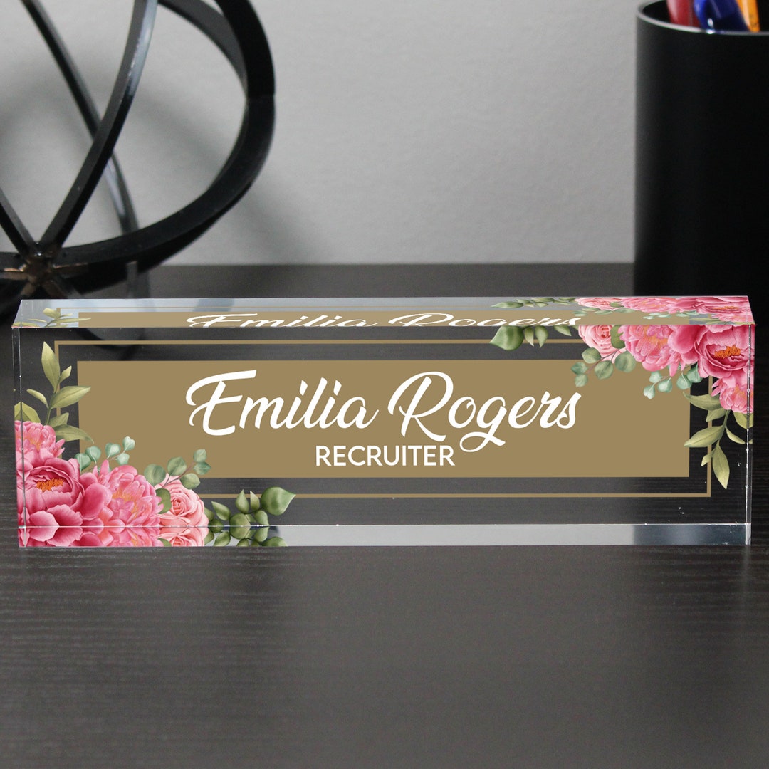 Personalized Glass Block Desk Sign With Pink & Green Fresh Flowers ...