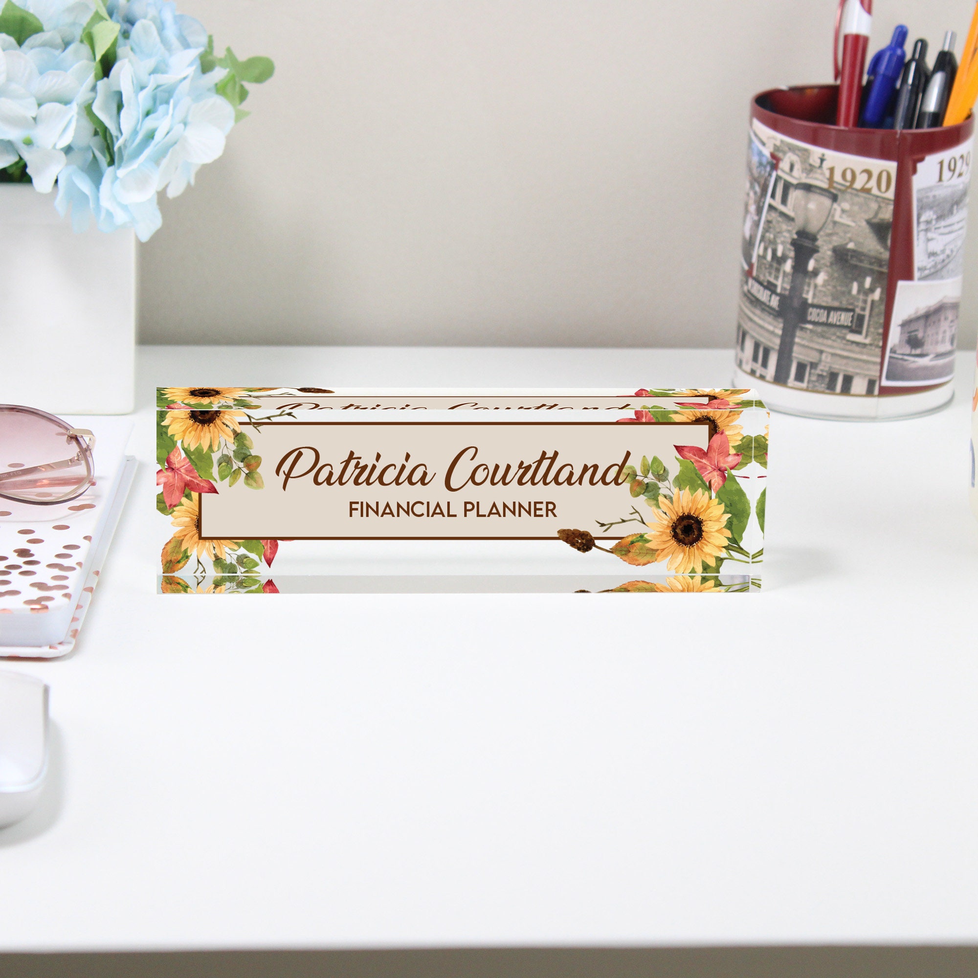 Glass Block Desk Name Plate With Sunflowers Elegant Office Decor and ...