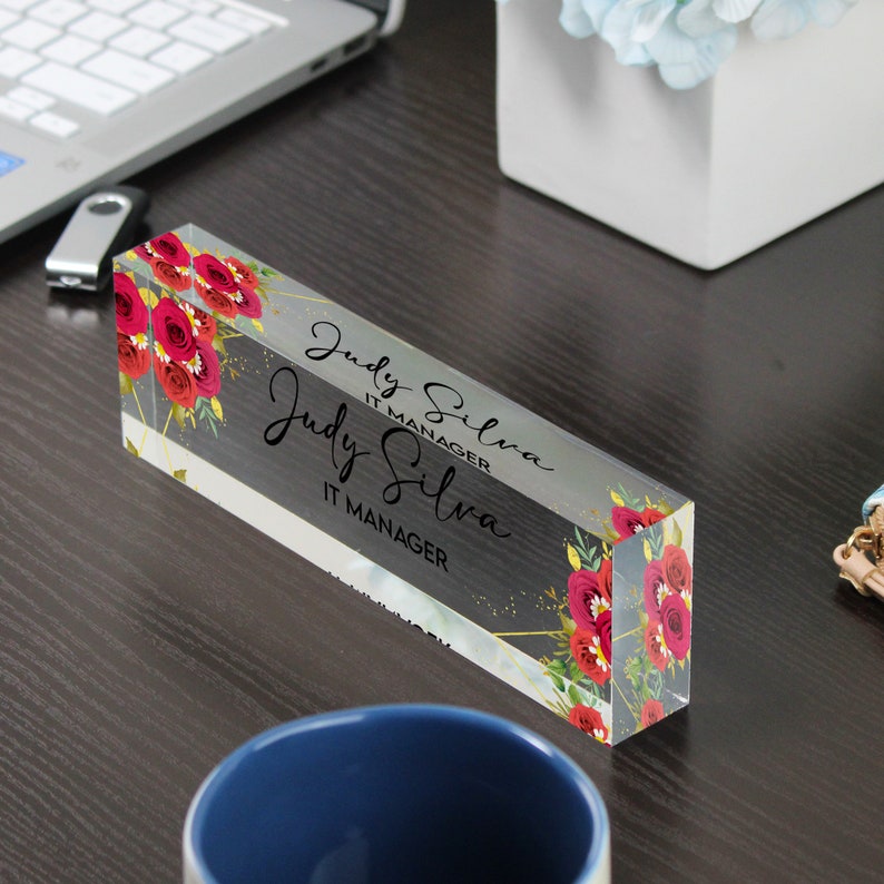 Personalized Acrylic Desk Name Plate for IT Managers Elegant Red Rose ...